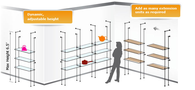 Floor to Wall Tube Glass Shelving Kit | 3 Wood Shelves |Tube Display ...