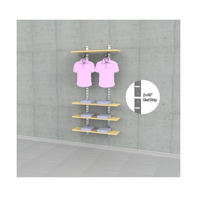 SlatStrip Wall Mounted Retail Display for 4 Wood Shelves with 2 Faceouts